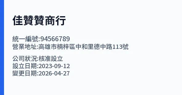佳贊贊商行的照片-統編 94566789(高雄市) 公司登記資料與營業項目詳細圖表
