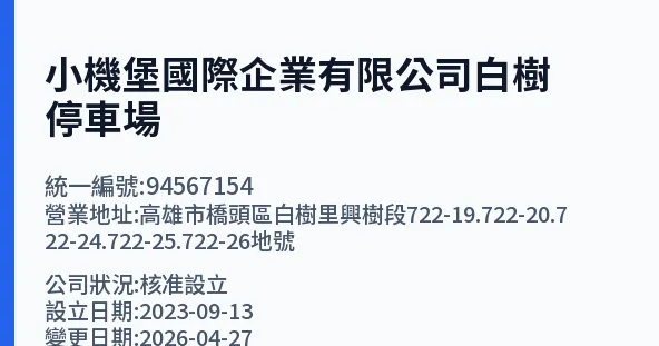 小機堡國際企業有限公司白樹停車場的照片-統編 94567154(高雄市) 公司登記資料與營業項目詳細圖表