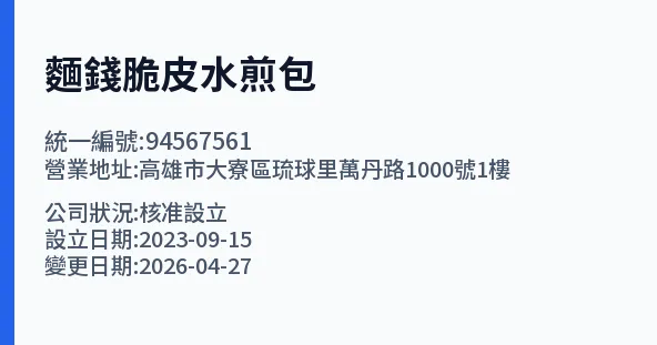 麵錢脆皮水煎包的照片-統編 94567561(高雄市) 公司登記資料與營業項目詳細圖表