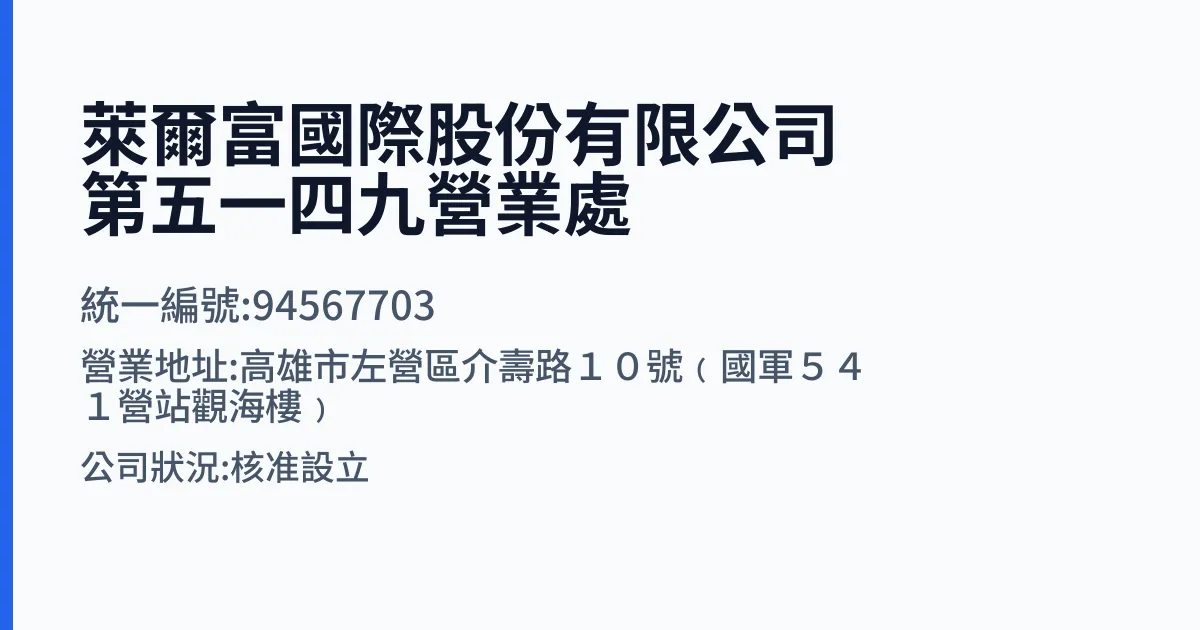 萊爾富國際股份有限公司第五一四九營業處 - 統編 94567703(高雄市) 公司登記資料與營業項目詳細圖表