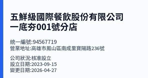 五鮮級國際餐飲股份有限公司一底夯001號分店的照片-統編 94567719(高雄市) 公司登記資料與營業項目詳細圖表
