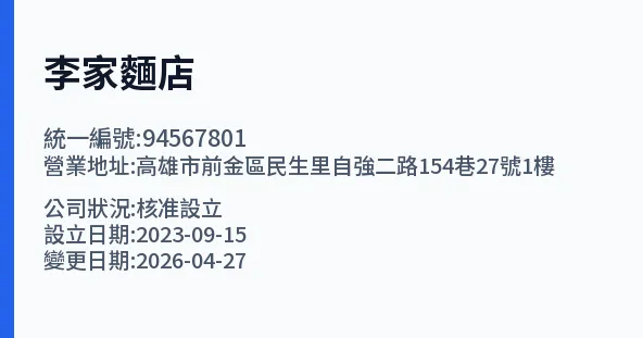 李家麵店的照片-統編 94567801(高雄市) 公司登記資料與營業項目詳細圖表