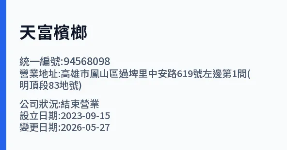 天富檳榔的照片-統編 94568098(高雄市) 公司登記資料與營業項目詳細圖表