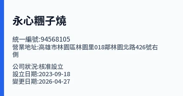 永心糰子燒的照片-統編 94568105(高雄市) 公司登記資料與營業項目詳細圖表