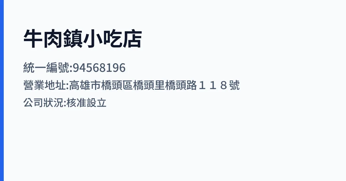 牛肉鎮小吃店 - 統編 94568196（高雄市） 公司登記資料與營業項目詳細圖表