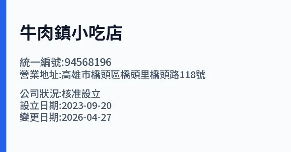 牛肉鎮小吃店的照片-統編 94568196(高雄市) 公司登記資料與營業項目詳細圖表