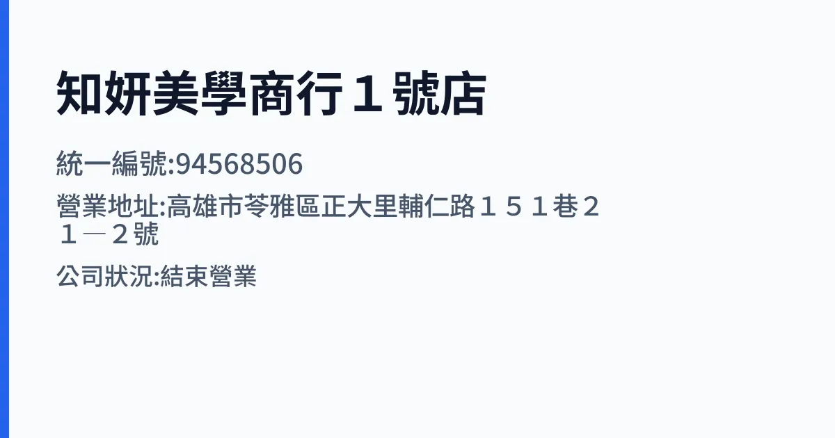 知妍美學商行1號店 - 統編 94568506(高雄市) 公司登記資料與營業項目詳細圖表