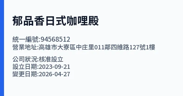 郁品香日式咖哩殿的照片-統編 94568512(高雄市) 公司登記資料與營業項目詳細圖表
