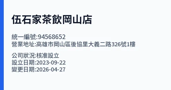 伍石家茶飲岡山店的照片-統編 94568652(高雄市) 公司登記資料與營業項目詳細圖表