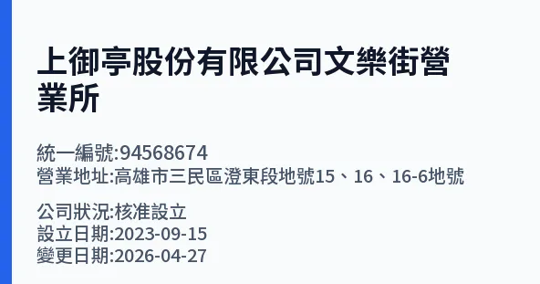 上御亭股份有限公司文樂街營業所的照片-統編 94568674(高雄市) 公司登記資料與營業項目詳細圖表