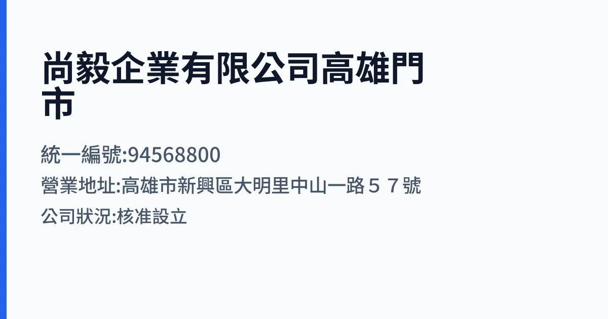 尚毅企業有限公司高雄門市 - 統編 94568800（高雄市） 公司登記資料與營業項目詳細圖表