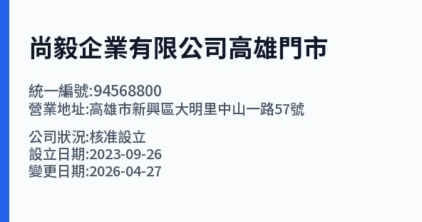 尚毅企業有限公司高雄門市的照片-統編 94568800(高雄市) 公司登記資料與營業項目詳細圖表
