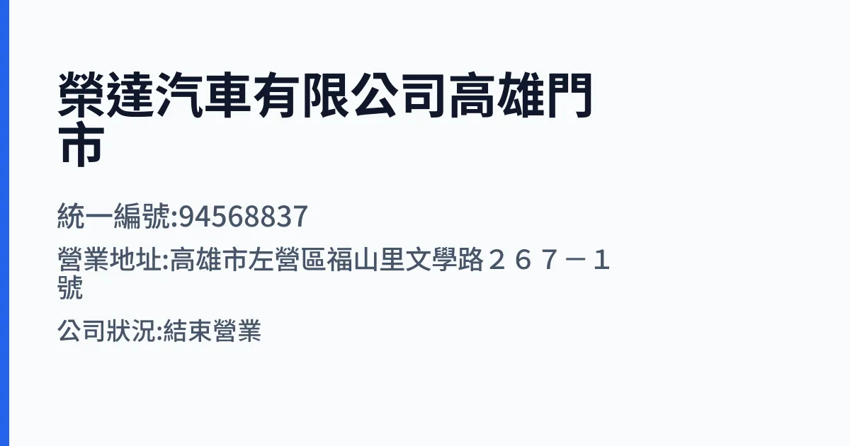 榮達汽車有限公司高雄門市 - 統編 94568837(高雄市) 公司登記資料與營業項目詳細圖表