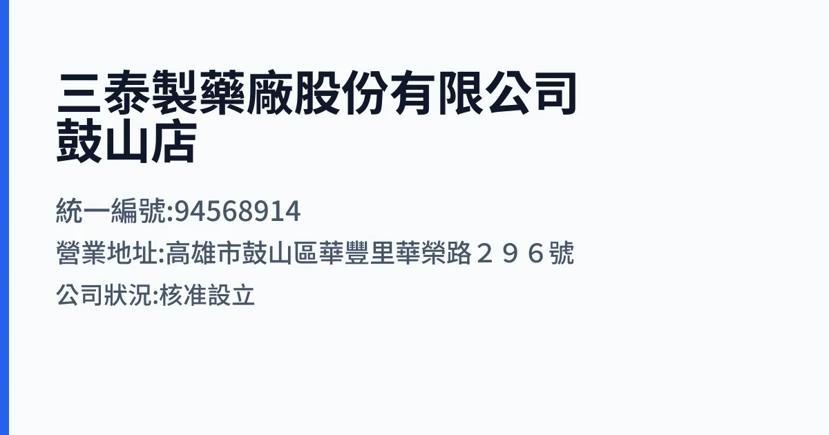 三泰製藥廠股份有限公司鼓山店 - 統編 94568914(高雄市) 公司登記資料與營業項目詳細圖表