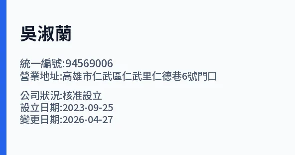 吳淑蘭的照片-統編 94569006(高雄市) 公司登記資料與營業項目詳細圖表