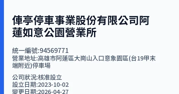 俥亭停車事業股份有限公司阿蓮如意公園營業所的照片-統編 94569771(高雄市) 公司登記資料與營業項目詳細圖表