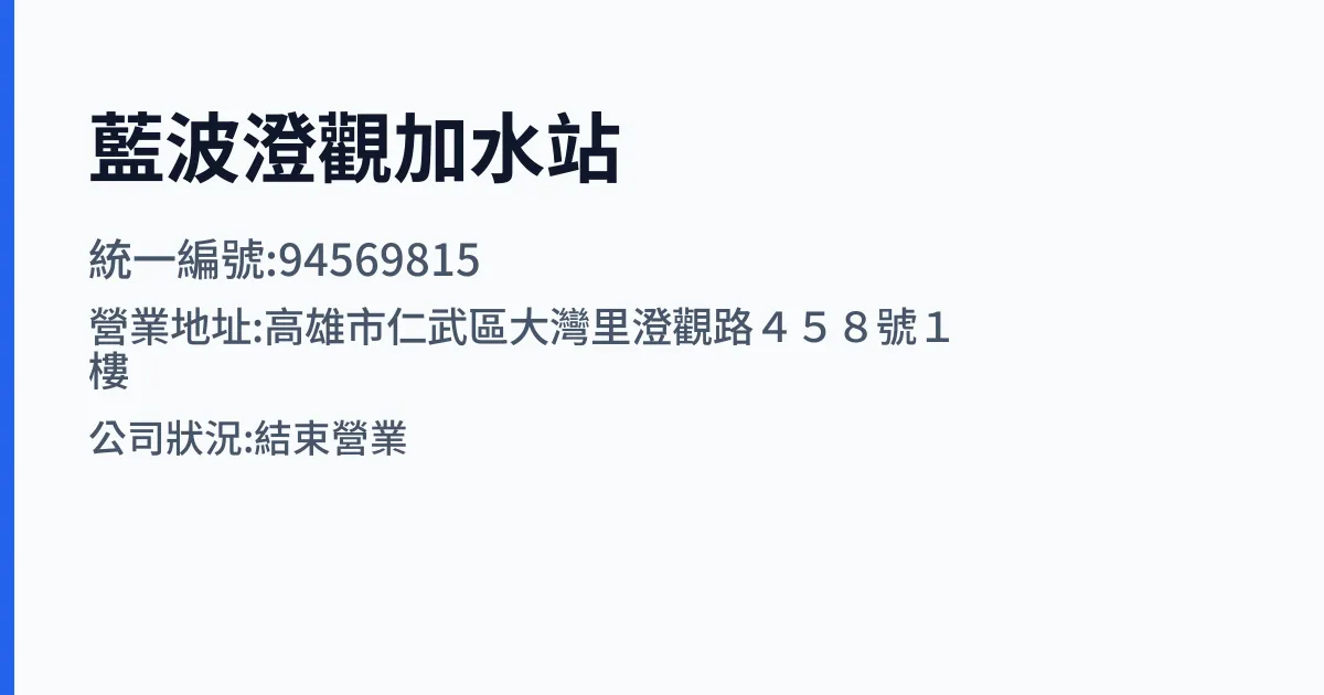 藍波澄觀加水站 - 統編 94569815(高雄市) 公司登記資料與營業項目詳細圖表