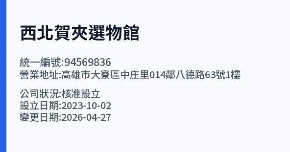 西北賀夾選物館的照片-統編 94569836(高雄市) 公司登記資料與營業項目詳細圖表