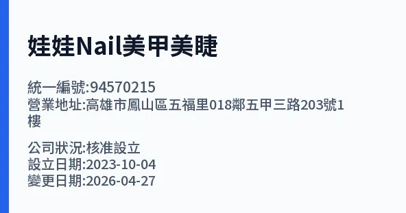 娃娃Nail美甲美睫的照片-統編 94570215(高雄市) 公司登記資料與營業項目詳細圖表