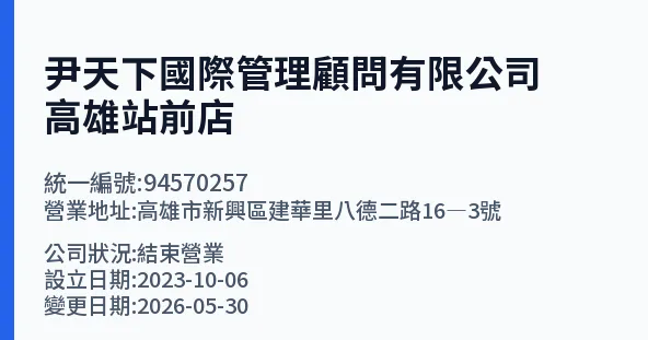 尹天下國際管理顧問有限公司高雄站前店的照片-統編 94570257(高雄市) 公司登記資料與營業項目詳細圖表