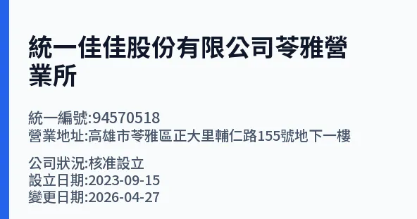 統一佳佳股份有限公司苓雅營業所的照片-統編 94570518(高雄市) 公司登記資料與營業項目詳細圖表