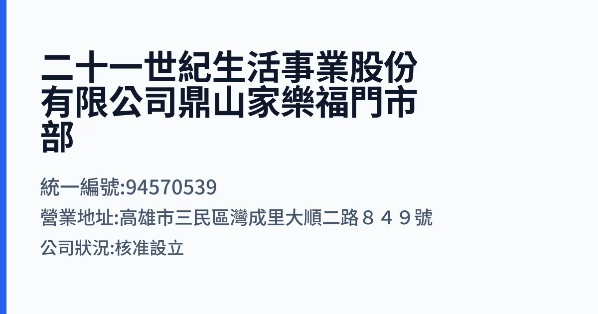 二十一世紀生活事業股份有限公司鼎山家樂福門市部 - 統編 94570539(高雄市) 公司登記資料與營業項目詳細圖表