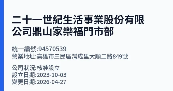 二十一世紀生活事業股份有限公司鼎山家樂福門市部的照片-統編 94570539(高雄市) 公司登記資料與營業項目詳細圖表