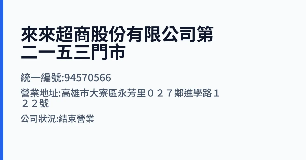 來來超商股份有限公司第二一五三門市 - 統編 94570566(高雄市) 公司登記資料與營業項目詳細圖表