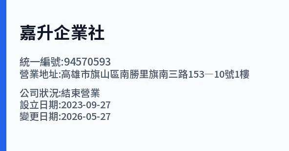 嘉升企業社的照片-統編 94570593(高雄市) 公司登記資料與營業項目詳細圖表