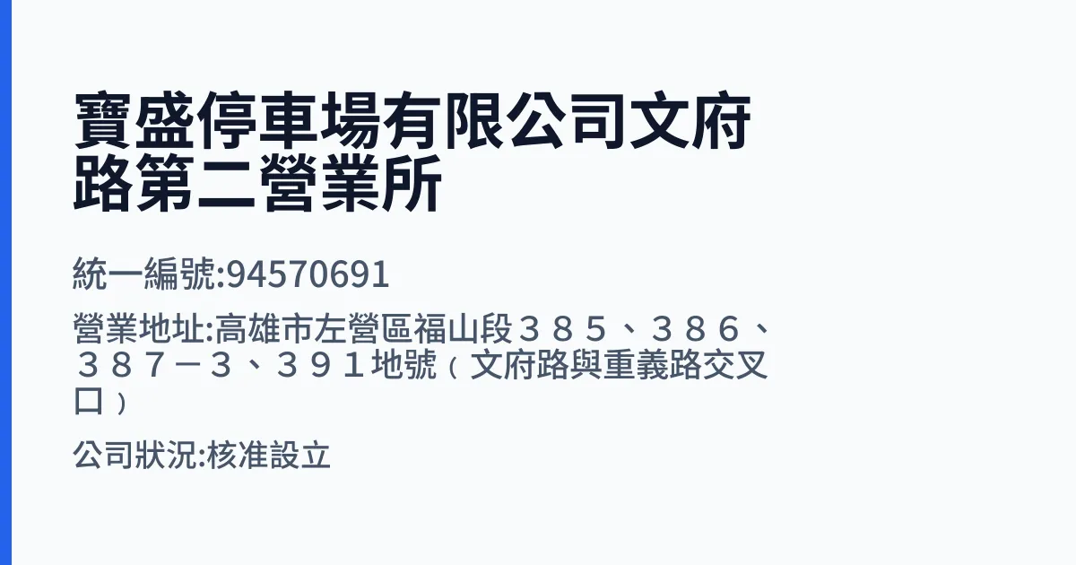 寶盛停車場有限公司文府路第二營業所 - 統編 94570691(高雄市) 公司登記資料與營業項目詳細圖表