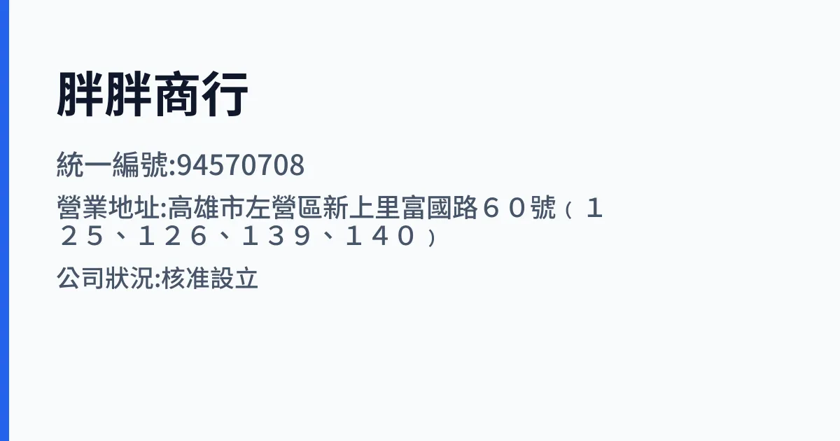 胖胖商行 - 統編 94570708(高雄市) 公司登記資料與營業項目詳細圖表