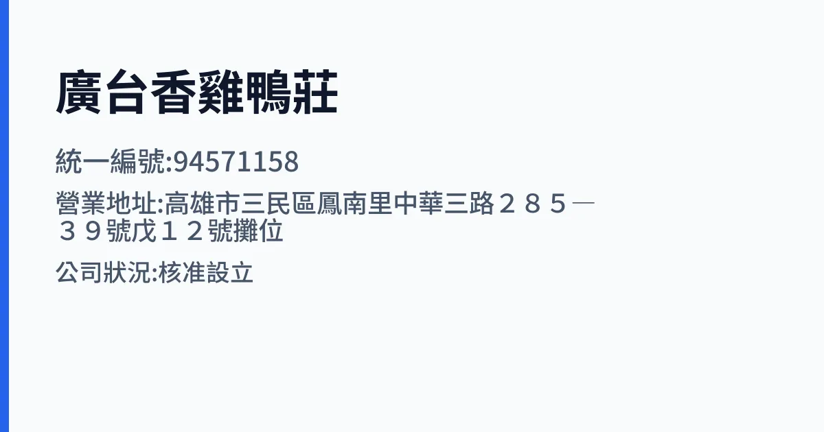 廣台香雞鴨莊 - 統編 94571158(高雄市) 公司登記資料與營業項目詳細圖表