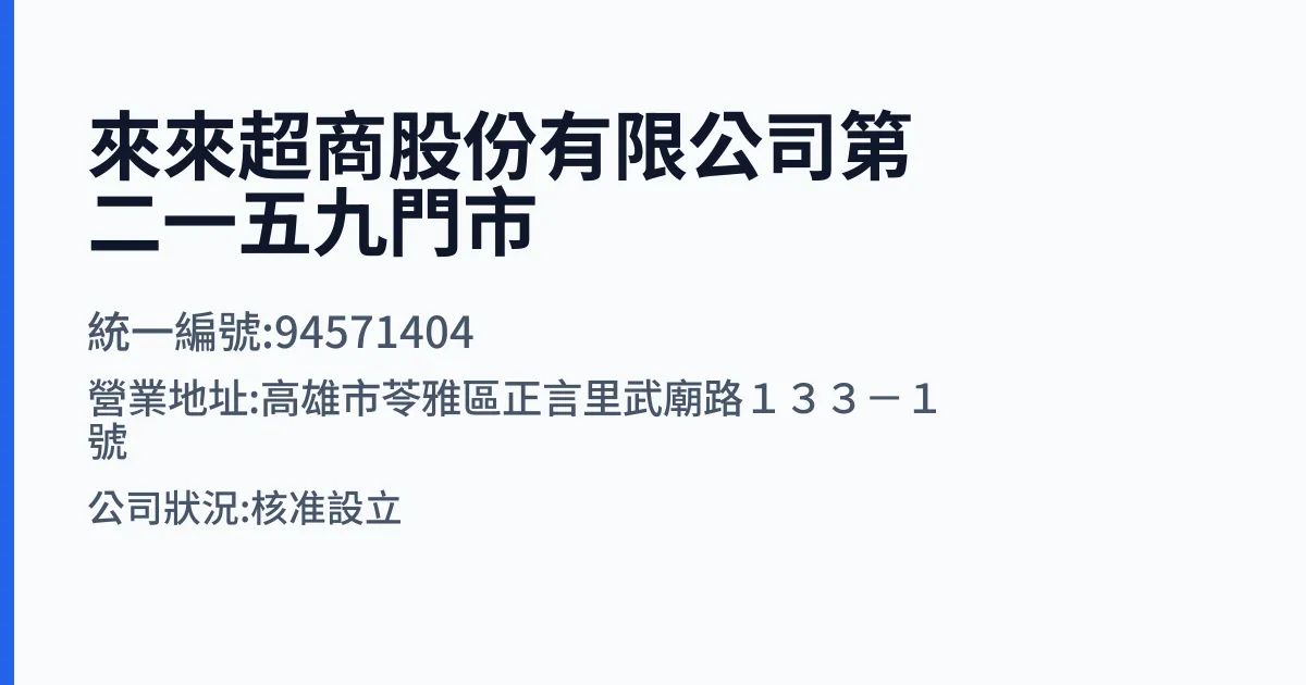 來來超商股份有限公司第二一五九門市 - 統編 94571404(高雄市) 公司登記資料與營業項目詳細圖表