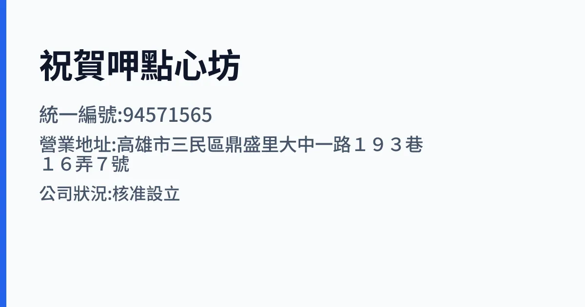 祝賀呷點心坊 - 統編 94571565(高雄市) 公司登記資料與營業項目詳細圖表