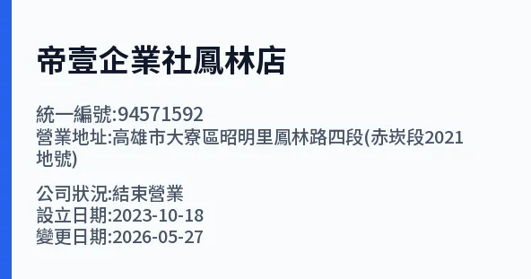 帝壹企業社鳳林店的照片-統編 94571592(高雄市) 公司登記資料與營業項目詳細圖表