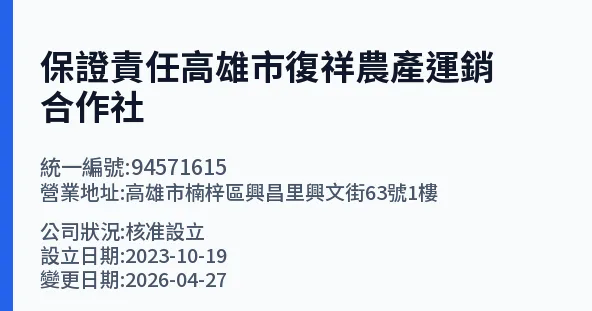 保證責任高雄市復祥農產運銷合作社的照片-統編 94571615(高雄市) 公司登記資料與營業項目詳細圖表