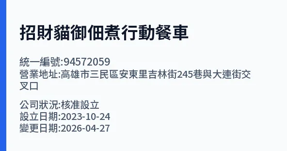 招財貓御佃煮行動餐車的照片-統編 94572059(高雄市) 公司登記資料與營業項目詳細圖表