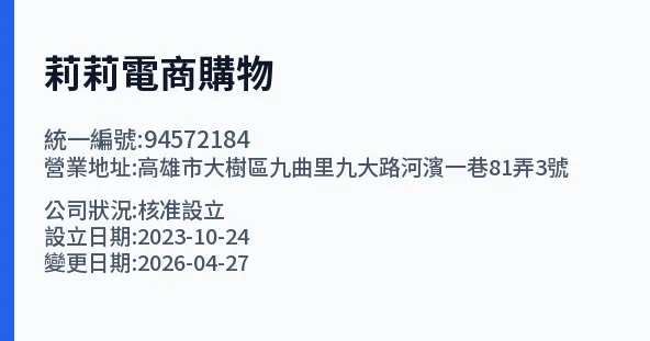 莉莉電商購物的照片-統編 94572184(高雄市) 公司登記資料與營業項目詳細圖表