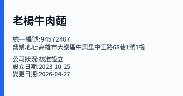 老楊牛肉麵的照片-統編 94572467(高雄市) 公司登記資料與營業項目詳細圖表