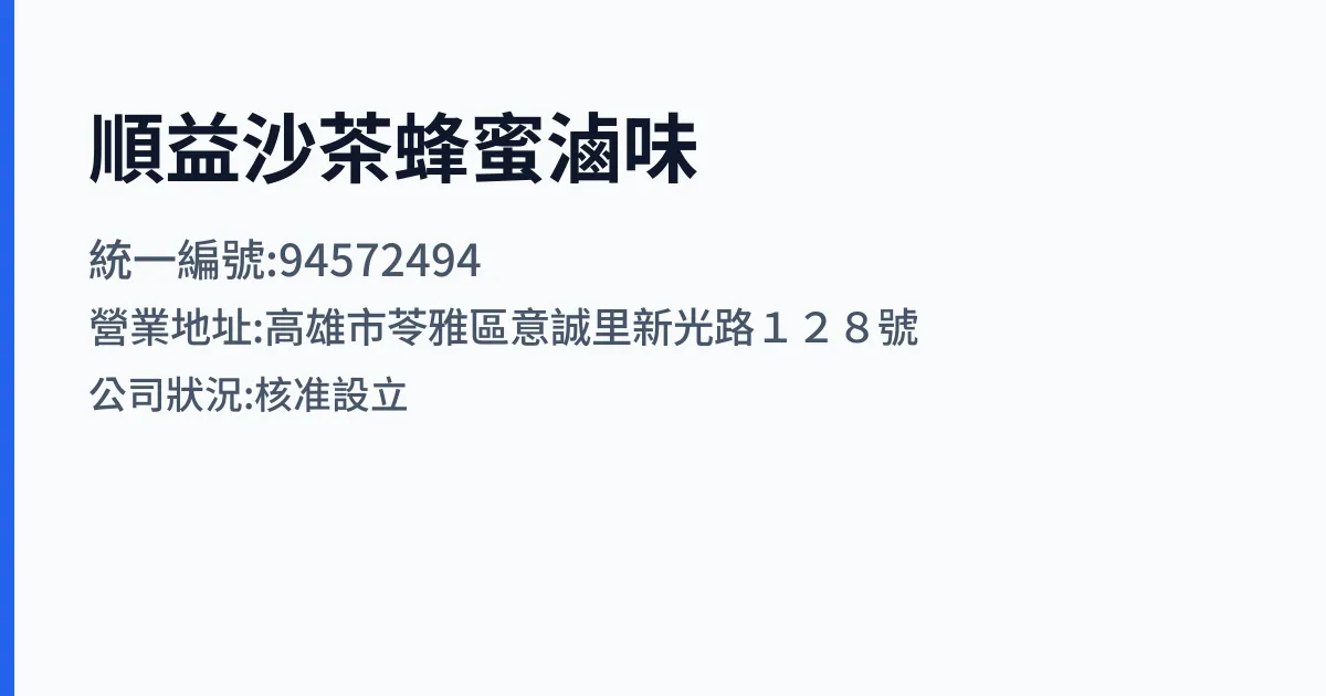 順益沙茶蜂蜜滷味 - 統編 94572494(高雄市) 公司登記資料與營業項目詳細圖表
