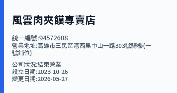 風雲肉夾饃專賣店的照片-統編 94572608(高雄市) 公司登記資料與營業項目詳細圖表