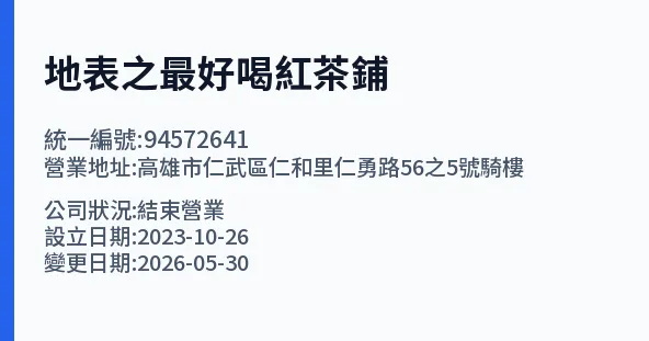 地表之最好喝紅茶鋪的照片-統編 94572641(高雄市) 公司登記資料與營業項目詳細圖表