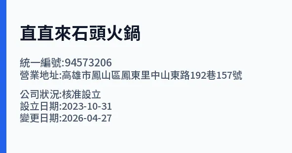 直直來石頭火鍋的照片-統編 94573206(高雄市) 公司登記資料與營業項目詳細圖表
