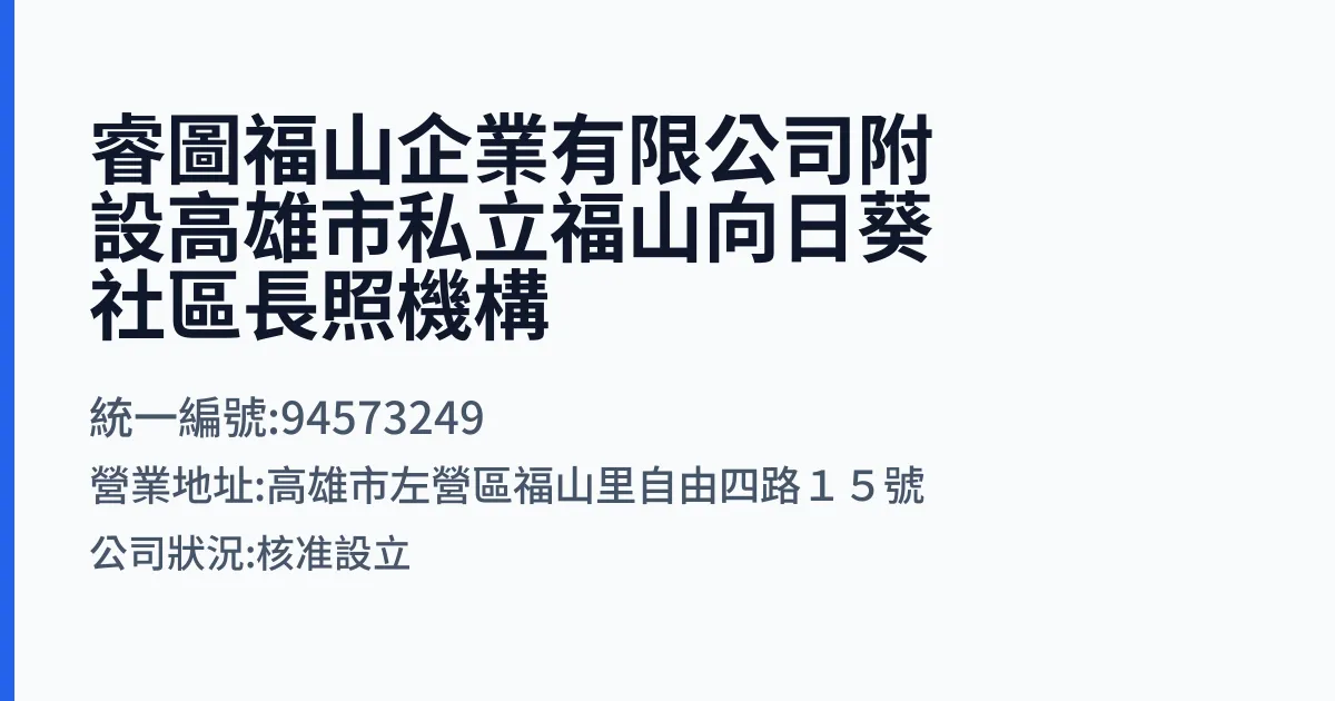 睿圖福山企業有限公司附設高雄市私立福山向日葵社區長照機構 - 統編 94573249(高雄市) 公司登記資料與營業項目詳細圖表