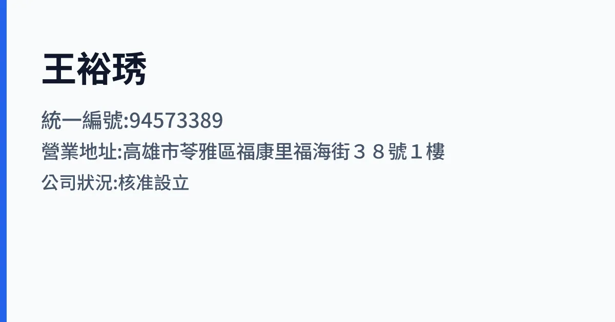 王裕琇 - 統編 94573389(高雄市) 公司登記資料與營業項目詳細圖表