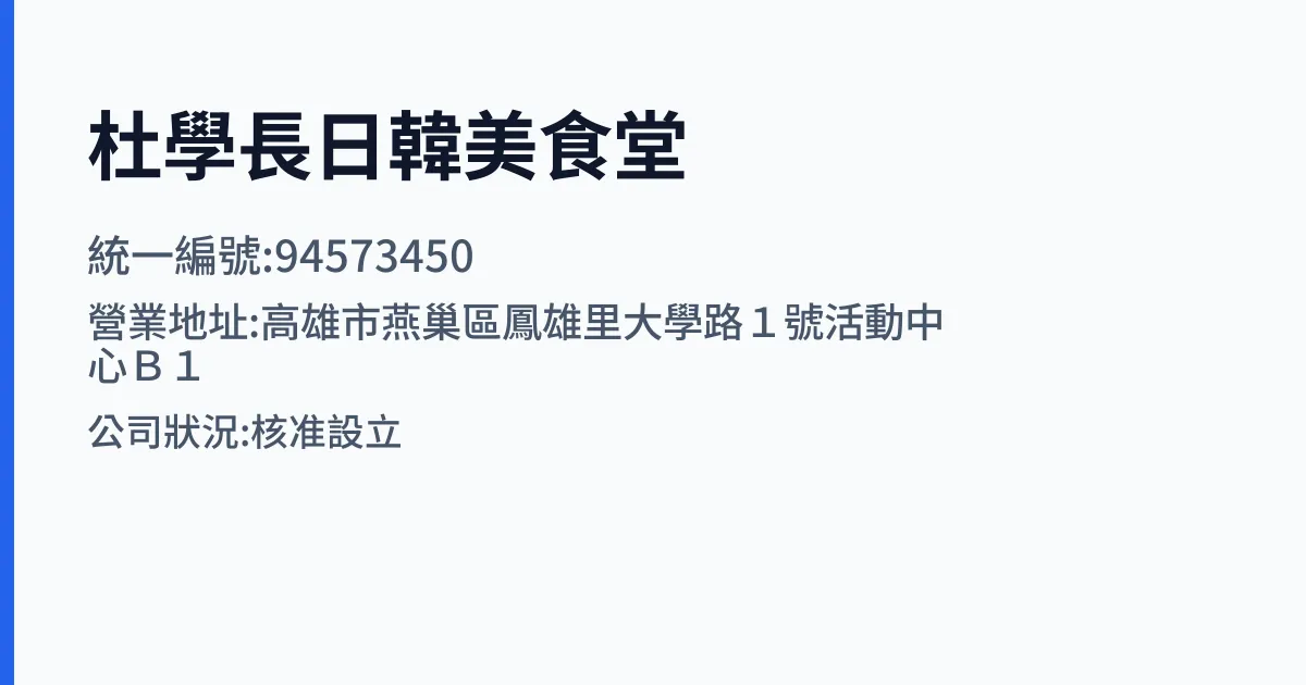 杜學長日韓美食堂 - 統編 94573450(高雄市) 公司登記資料與營業項目詳細圖表