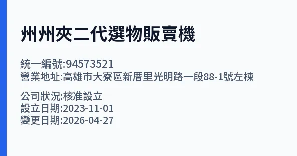 州州夾二代選物販賣機的照片-統編 94573521(高雄市) 公司登記資料與營業項目詳細圖表