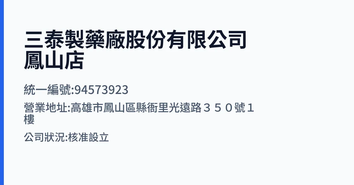 三泰製藥廠股份有限公司鳳山店 - 統編 94573923(高雄市) 公司登記資料與營業項目詳細圖表