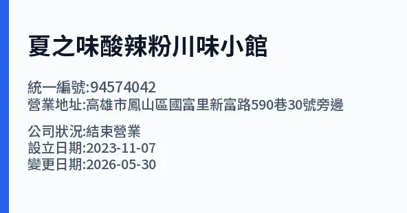 夏之味酸辣粉川味小館的照片-統編 94574042(高雄市) 公司登記資料與營業項目詳細圖表