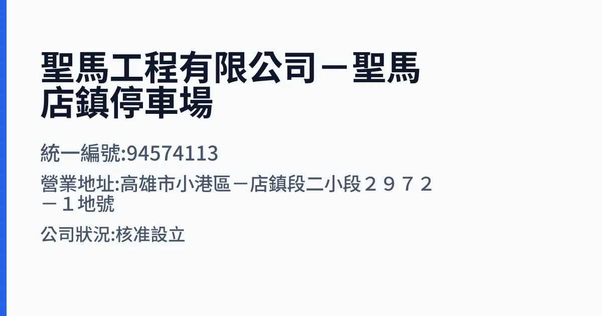 聖馬工程有限公司-聖馬店鎮停車場 - 統編 94574113(高雄市) 公司登記資料與營業項目詳細圖表